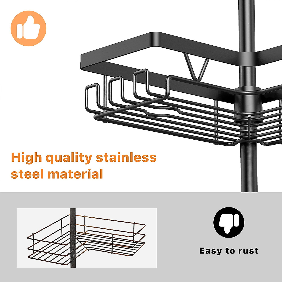 KEGII Corner Shower Caddy Tension Pole - Shower Tension Rod Organizer, Floor to Ceiling Shower Caddy 25-114.2 inch, Towel Rack Corner Waterproof, Black