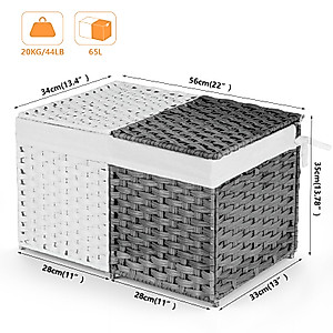 KUREEISE Storage Basket with Lid, 65L Woven Blanket Storage Basket with Handles, Removable Liner with Divide, Metal Frame, Storage Bin for Bedroom, Laundry Room（Gray-White）