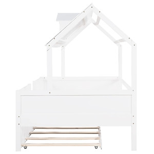MERITLINE Full House Bed with Trundle, Wooden Platform Bed Frame with Roof, for Kids Teens Girls Boys - White
