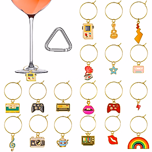 18 Pcs Wine Glass Charms Set 80's Vintage Markers Wine Glass Rings Tag Identification with Buckle and Drawstring Bag for Stem Glasses, Bachelorette Party, Wine Tasting Party Favors Decorations