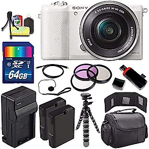 Sony Alpha a5100 Mirrorless Digital Camera with 16-50mm Lens (White) + Battery + Charger + 64GB Bundle 6 - International Version (No Warranty)