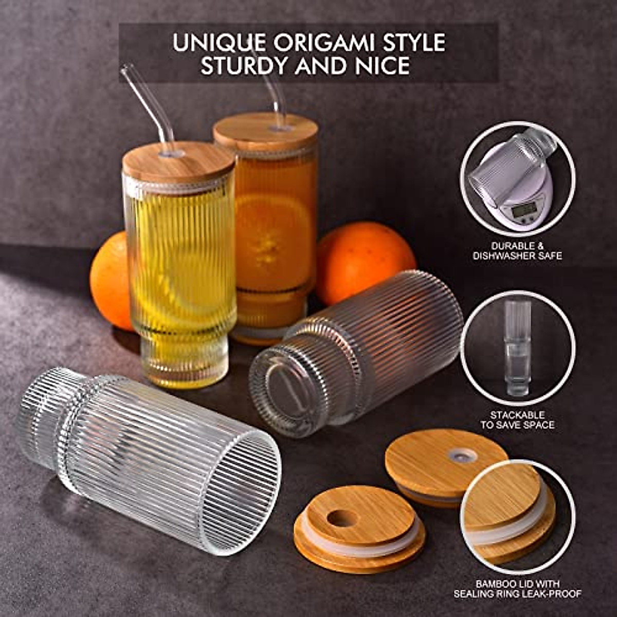 BOICHU Ribbed Glassware Set of 4, Ribbed Glass Cups with Lids and Straws - Vintage Ribbed Drinking Glasses with Bamboo Lids, 11 OZ Cute Fluted Glassware for Iced Coffee,Cocktail,Beer,Smoothie,etc