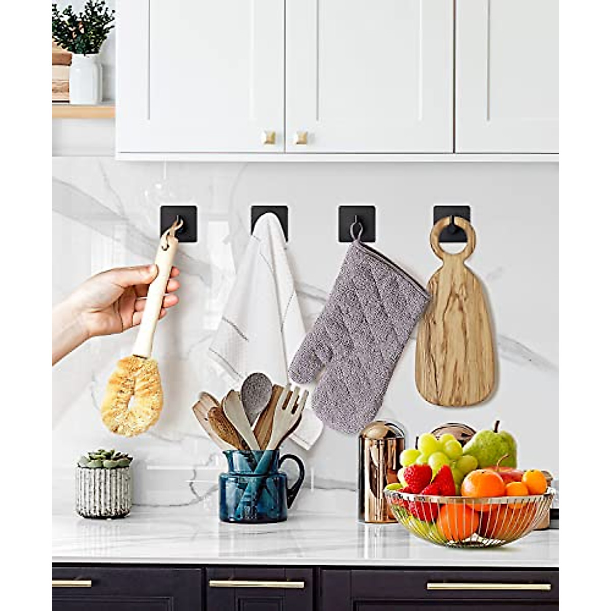 YOGEERNIC 2 PCS Adhesive Towel Hooks for Wall, No Drilling Removable Wall Hooks for Hanging, Heavy Duty Robe and Towel Hooks for Bathroom Bedroom Kitchen Hotel(Matte Black)