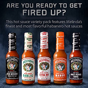 Melinda’s Habanero Hot Sauce Variety Pack - Extra Spicy Gourmet Hot Sauce Gift Set with Variety of Heat Levels - Includes XXXXtra Reserve, Garlic Habanero, Extra Hot, Mango, Ghost Pepper- 5 oz, 5 Pack