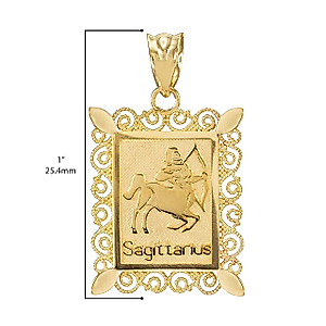 Astrology Jewelry 10K Yellow Gold Filigree Style Rectangular Frame Zodiac Sign Charm Pendant – Sagittarius