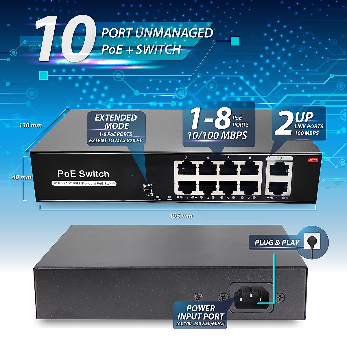 8 Port PoE Switch with 2 Uplink, 802.3af/at PoE+ 100Mbps, 100W Built-in Power, Extend to 250 Meter, Metal Plug & Play, Unmanaged POE Switch
