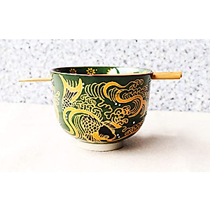 Ebros Gift Colorful Green And Yellow River Koi Fishes With Crystals Ramen Udong Noodles Bowl With Built In Chopsticks Rest and Bamboo Chopstick Set for Kitchen Dining Soup Rice Meal Bowls (1)