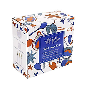 WDF 30Guest Gold Plastic Plates Disposable - Gold Plastic Silverware With White Handle Baroque Plates Disposable for Weddings, Parties, Mother's Day