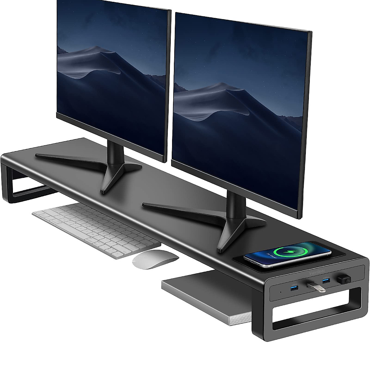 Vaydeer Dual Monitor Stand, Double Monitor Riser with Wireless Charger and 4 USB 3.0 Hub Ports, Metal Desk Raiser for 2 Monitors, PC Screen iMac Studio Display Gaming Office Work Space Saver Organizer