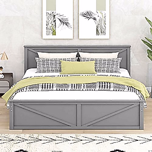 ATY King Size Platform Bed with 4 Storage Drawers, Wooden Bedframe w/Headboard and Support Legs, for Livingroom, Bedroom, Guestroom, No Box Spring Needed, Gray