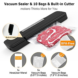 mokero Vacuum Sealer for Food Compact Meal Meat Vacuum Sealer Machine with 10 Seal Bags and Cutter Automatic Vacuum Air Sealing System for Dry Moist Freezer Food Storage