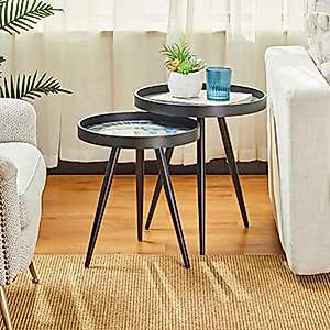 Glitzhome S/2 Modern Nesting End Table Set - Round Sofa Side Tables Living Room Accent Table Nesting Lamp Table with Mosaic Pattern Tray Top