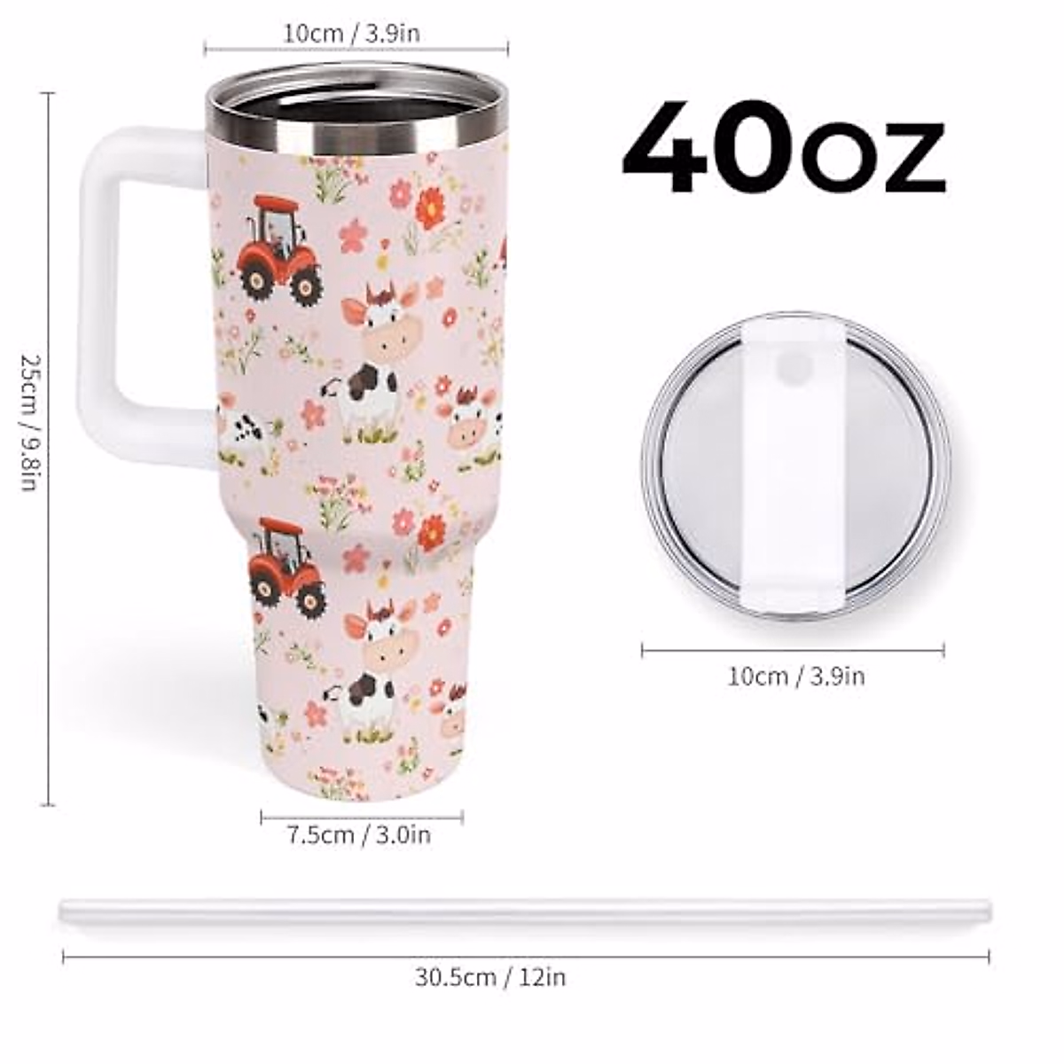 Farm Truck Red Tractor Tumbler with Handle Travel Mug Water Bottle Tea Coffee Cup White-style