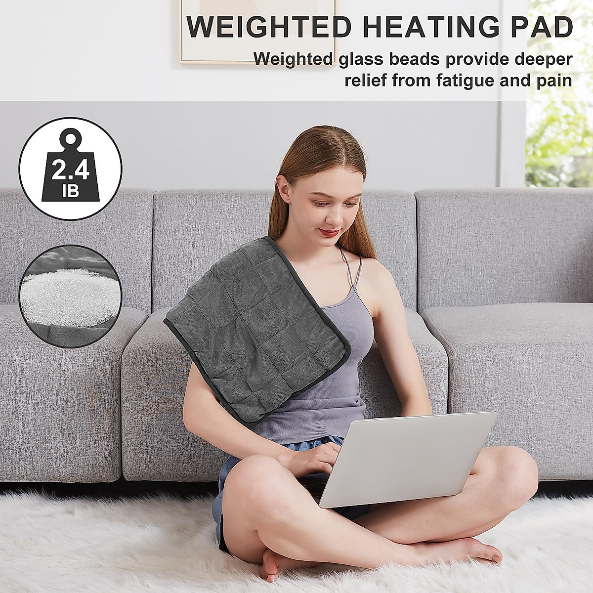 JKMAX Weighted Heating Pad XL - 2.4lb Electric Heating Pads for Back Pain Relief Cramps with 10 Heating Settings｜6 Auto Shut Off - Fast Heat Dry & Moist Therapy Options 12x24 Heat Pad Washable (Grey)