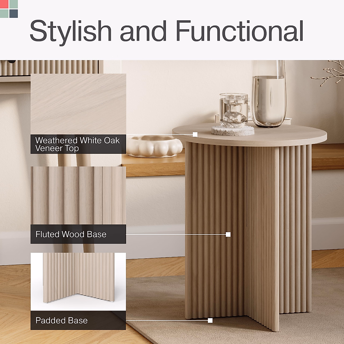 Round Fluted Accent Side Table - Pedestal Drink Table - Modern Home, Bedroom, and Living Room Furniture - Small Round End Table with Solid Wood X-Base and Wood Veneer Top (Weathered White)