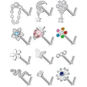 Tornito 12Pcs Nose Ring Nose Stud L Shaped Snake Butterfly CZ Flower Moon Dangle Nose Rings Stud for Women Men Silver Tone 20G