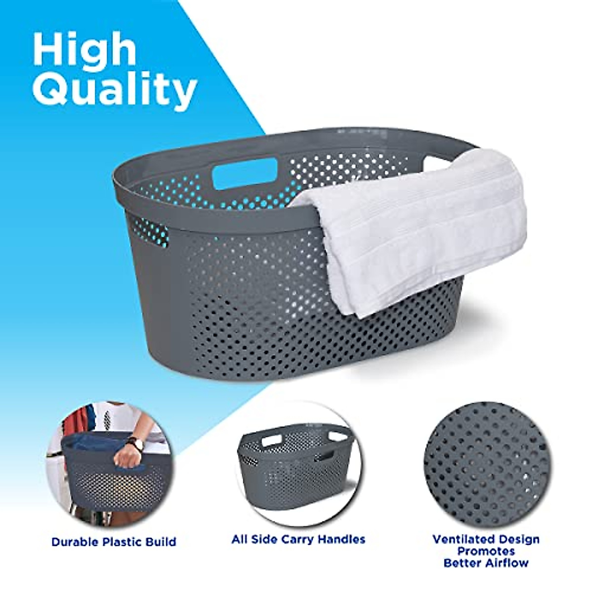 Clorox Laundry Basket Plastic - Portable Clothes Hamper with Handles - Short Storage Bin for Bedroom and Baby Nursery, 1 Bushel, Grey