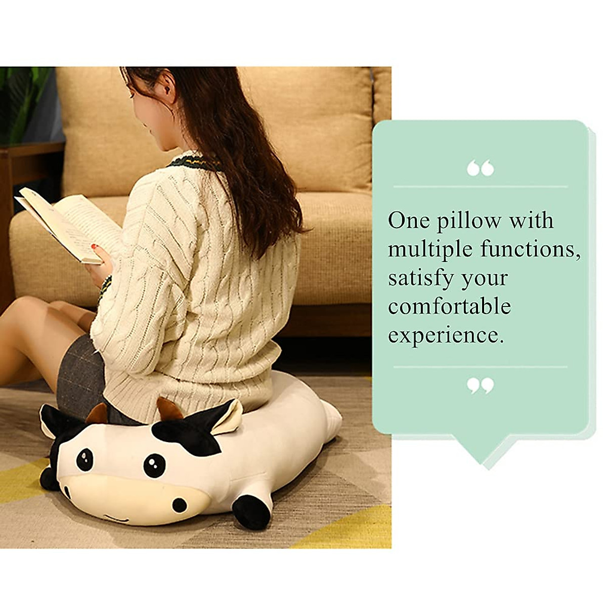 WUYU Cow Plush Pillow, Adorable Stuffed Animal Plush Toy, Soft Cow Hugging Pillow for Kids Boys Girls (Round Eyes,13.7in)