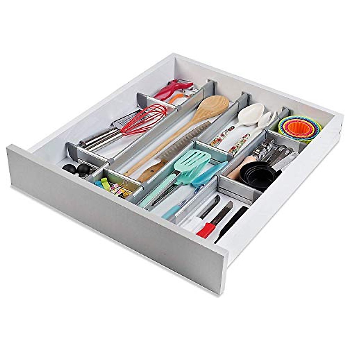 Practical Comfort Drawer Dividers, 9 pcs adjustable drawer dividers set, Made from high strength aluminum, 3 Main expandable drawer divider expand From 17.5" to 19.7" + 6 Sliding Separators 3.8"