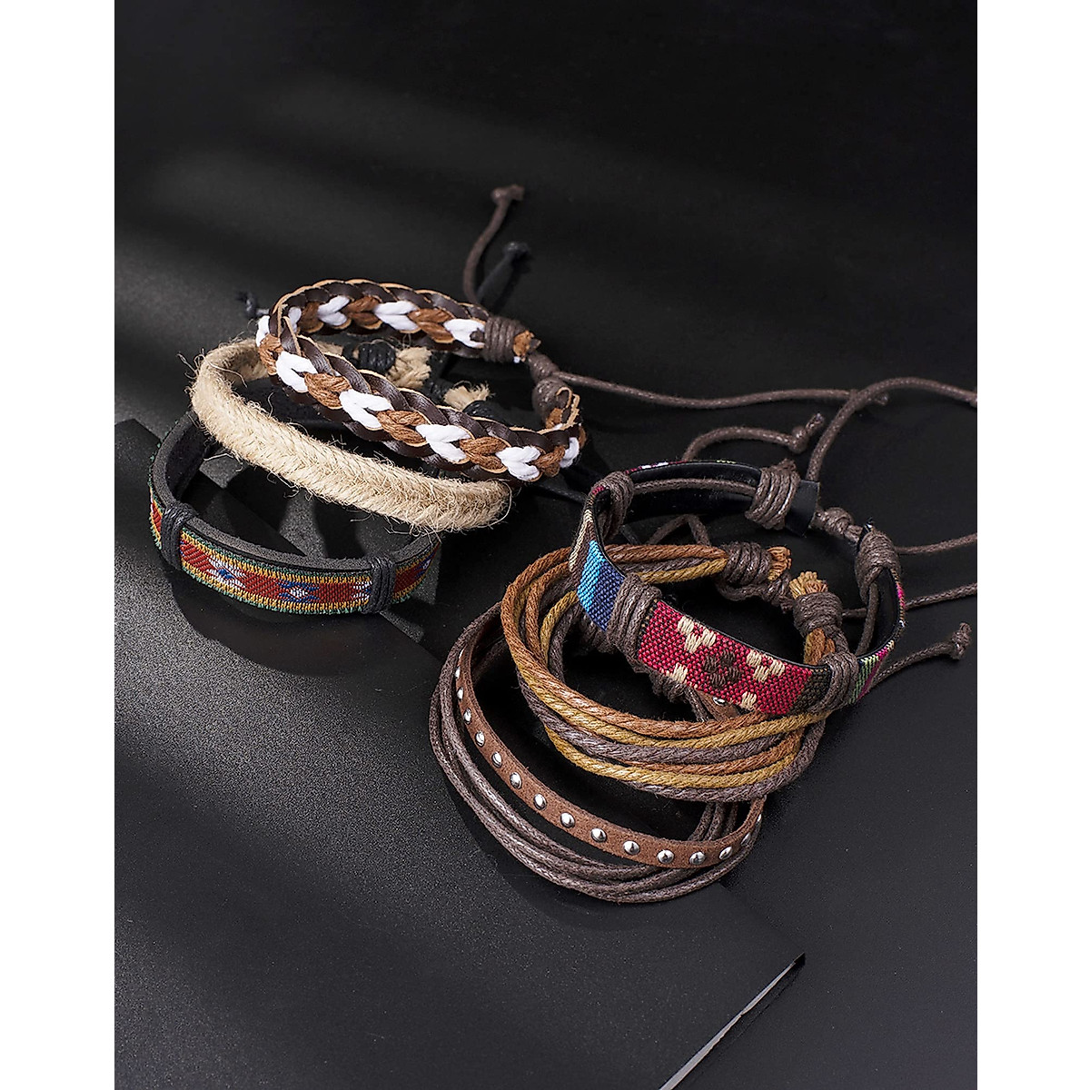 Akeoqi 12Pcs Braided Leather Bracelets Set For Men Women Wooden Beaded Cuff Wrap Bracelet Boho Ethnic Tribal Linen Hemp Cords Wrap Bracelets Adjustable Rainbow And White