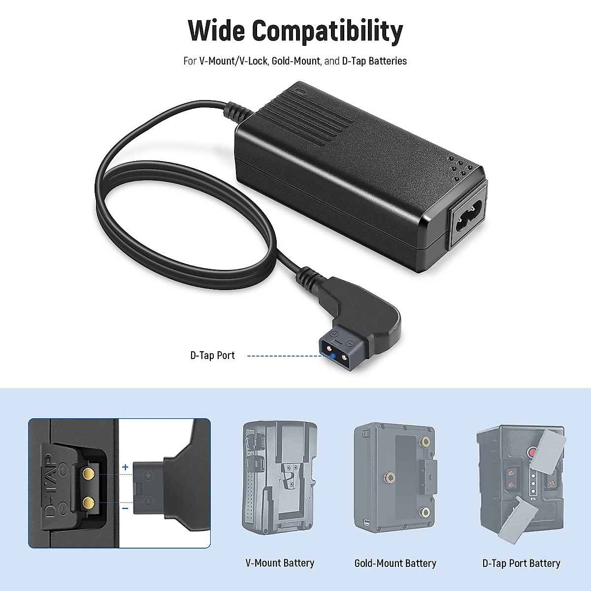 NEEWER D-Tap Battery Charger with 3.3feet/1m D-Tap Cable for V-Mount/V-Lock/Gold Mount Battery, Compatible with NEEWER BP-95W BP-190WS BP-150WS BP-V47 BP-V95 Sony BP-U65 BP-U68 etc.[Output: 16.8V 2A]