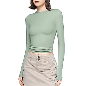 PUMIEY Women's Long Sleeve T Shirts Crew Neck Slim Fit Going Out Tops for Women Sexy Basic Tee, Sage Large