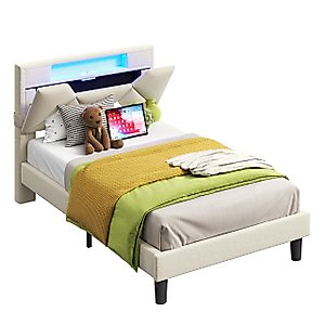 ANCTOR Twin Bed Frame with Storage Headboard and Charging Station, LED Lights Upholstered Platform Bed, Heavy Duty Steel Support Legs, Easy Assembly, Noise Free, Beige