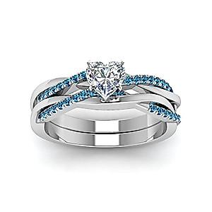 CaratYogi Infinity Twist Diamond Matching Set sterling silver Natural Blue Toapz Heart shape Blue color Wedding Ring Sets prong setting in Size 10 Party Wear Daily Wear Ornament