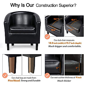 Topeakmart Faux Leather Club Chair, Modern Accent Chair and Cozy Barrel Chair with Sturdy Wood Legs for Living Room Bedroom Reception Room, Black