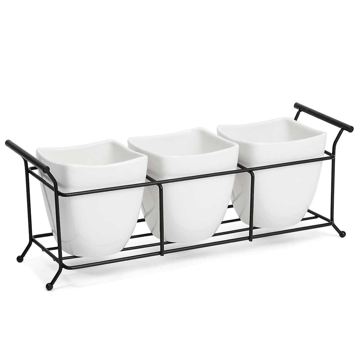 White Ceramic Utensil Holder, Flatware Caddy with Metal Stand (13 x 4 x 5 In)