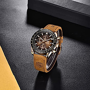 BY BENYAR Men Watches Chronograph Analog Quartz Waterproof Luminous Watch for Men Business Work Sport Stylish Casual Brown Leather Band Men's Wrist Watches Elegant Gifts for Men Father's Day