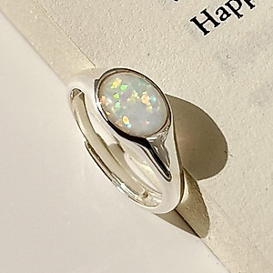 Oval Opal Sterling Silver S925 Open Ring Fire Birthstone Adjustable Stacking Wedding Engagement Eternity Promise Finger Bands Expand Statement Rings for Women Teen Girls Bride Girlfriend Fashion