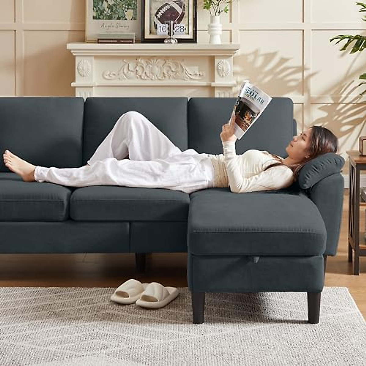 Pingliang Home 79" Convertible Sectional Sofa, Small L Shaped 3-Seat Couch with Reversible Chaise, Modern Linen Sofas Couches for Living Room, Apartment and Small Space, Dark Grey