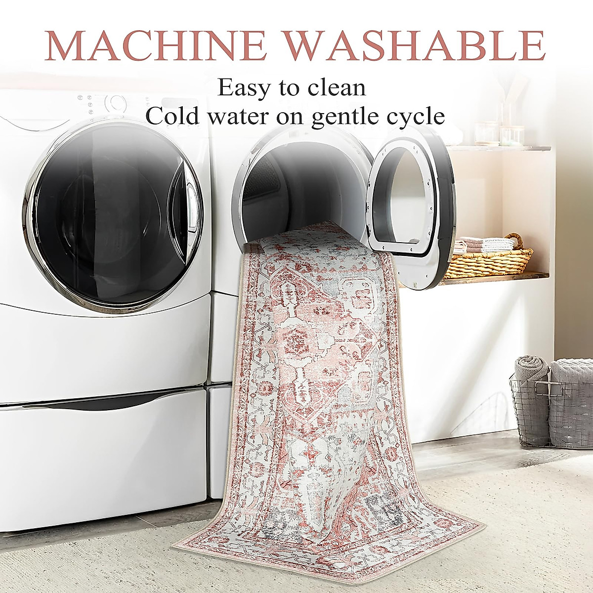 Lahome Boho Pink Rugs for Bedroom Girls, 3x5 Non Slip Carpet for Living Room, Washable Vintage Medallion Accent Throw Rugs with Rubber Backing Carpet for Entryway Kitchen Office Dining Room