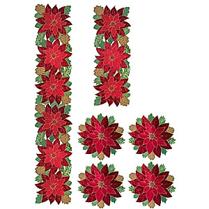KEVA Holiday Christmas Placemats Set of 4, Embroidered Red Velvet Poinsettia Cutwork Christmas Table Decorations for Home and Kitchen, Red Placemats 16inch Round