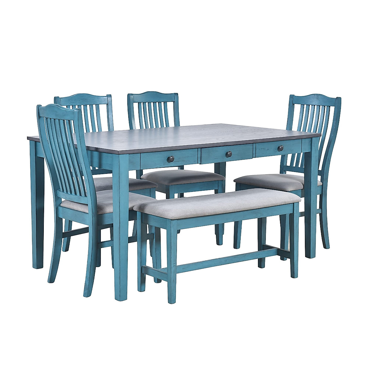 Merax Mid-Century 6-Piece Wood Dining Table Set with Drawer, 4 Upholstered Chairs and Bench, Antique Blue