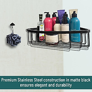 Stainless Steel Wall Mount Shower Caddy, Single Hook & Bath Wipe | Waterproof Durable Corner Shower Rack for Bathroom |Space Saving Bathroom Organizer & Storage for Shampoos Soap Bath Items | Black