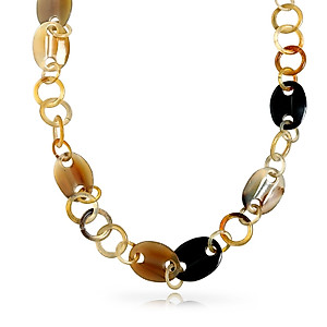 Bling Jewelry Earth Tone Brown Handmade Natural Buffalo Horn Long Round Disc Oval Multi Link Chain Necklace for Women 36 Inches