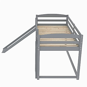 Low Bunk Beds Twin Over Twin Bunk Bed with Slide Wood Bed Frame for 2 Kids Boys Girls Teens, White