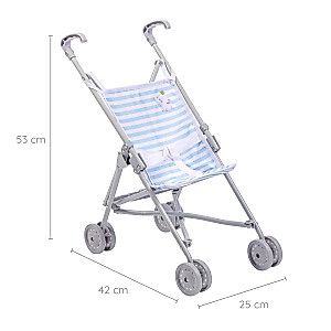 JC Toys Boutique | Folding Umbrella Doll Stroller for Children 2 Years Plus, Blue Stripes and Soft Embroidery | Sturdy Metal Frame | Pretend Play with Dolls up to 18” Long | Seat Belt