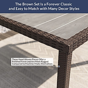 BELLEZE Rattan Patio Set 7 Piece, Slatted Wicker Dining Table and Chairs, Outdoor Furniture with Umbrella Cutout, Removable Cushions for Porch - Mariel (Brown)