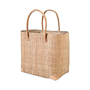 Serene Spaces Living Handmade Bohemian Raffia Tote Bag with Braid Handles, Beach Raffia Tote Bag, Summer Travel Handbag, Madagascar Fashion Tote for Women, Measures 13.5" Long, 6" Wide & 21.5" Tall