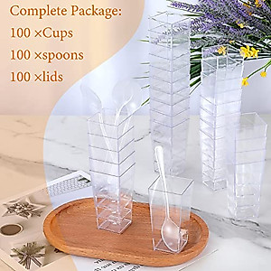 HawHawToys 100 Pack 3 OZ Dessert Cups with Lids and Spoons,Square Plastic Dessert Shooter Cups Parfait Cups for Party Desserts,Appetizer Serving (100)