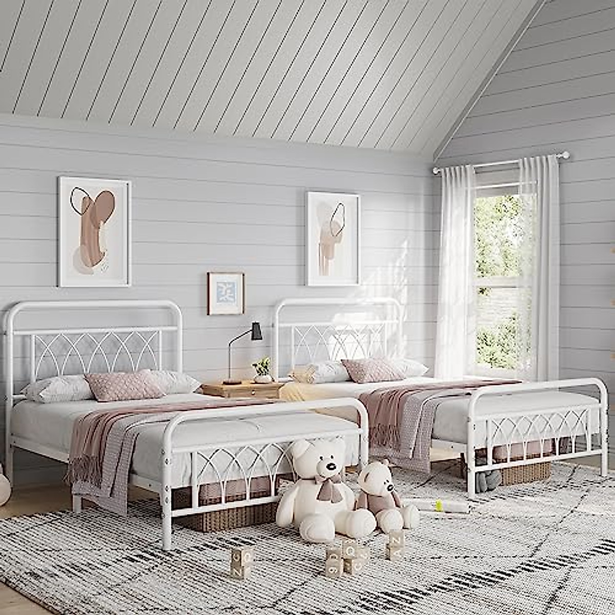 Yaheetech Twin Bed Frame Metal Platform Bed with Petal Accented Headboard/Footboard/14.4 Inch Under Bed Storage/No Box Spring Needed, White