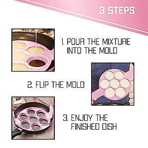 BIOPRONEXT Silicone Non Stick Pancake Maker - 7 Circles Mini Pancake Mold - Silicone Pancake Mold - Silicone Egg Rings for Griddle with Handles - Pancake Molds for Griddle Frying Eggs - Pink