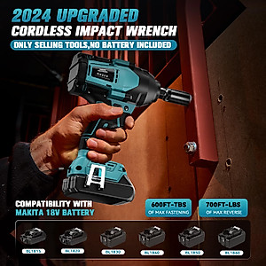Cerycose Cordless Impact Wrench 1/2 inch for Makita Battery, 600FT-LBS (810N.m) Brushless Electric Impact Gun Includes LED Work Light, 2100RPM High Torque Impact Driver Wrench, Bare Tool Only