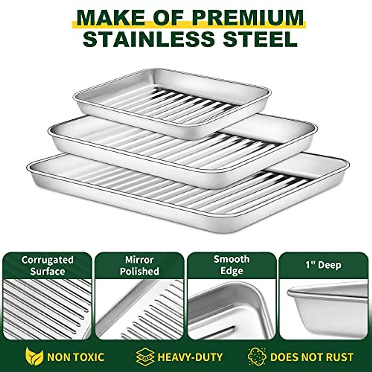 Baking Sheet Set of 3, CEKEE Stainless Steel Cookie Sheet for Baking Baking Pans Set, Jelly Roll Pan/Quarter Sheet Pan/Small Baking Sheet, 9/12/16 Inch, Warp Resistant & Heavy Duty & Easy Clean