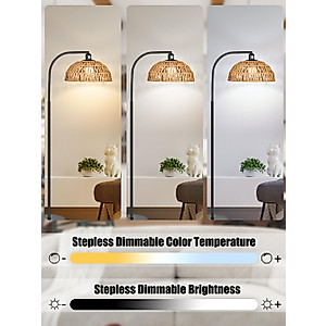 Brilvibera Modern Black Dimmable Floor Lamp with Remote Control, Hand-Worked Rattan Shades, Bohemian Style for Living Room, Bedroom, Office