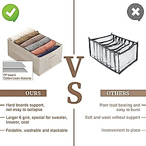 2 Pack Wardrobe Clothes Organizer, Large 6 Grids with Support Board, Foldable Cotton Linen Closet Organizers and Storage| Washable Clothes Drawer Separation Box for Jeans Sweater T-shirt Legging Pants