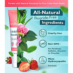 Wellnesse Kids Hydroxyapatite Toothpaste & Fluoride-Free - Natural Ingredients w/Strawberry Flavor - Suitable for Toddlers to Baby Kids Toddler - Sensory Friendly, Vegan & Cruelty-Free